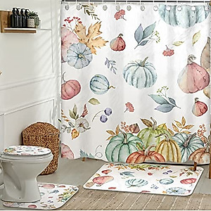 Thanksgiving Shower Curtain Set Fall Pumpkin Shower Curtain Sets 4 Pcs Autumn Waterproof Polyester Bath Curtains with Hooks Non Slip Rug Toilet Lid Cover and Bath Mat Bathroom Decor Set, 72" x 72"