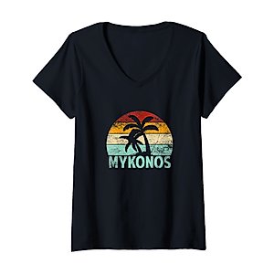 Womens Mykonos Greece Vintage 70s 80s Throwback Vacation Holiday V-Neck T-Shirt
