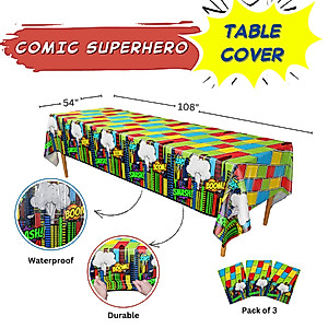 Blue Orchards Comic Superhero Table Covers (Pack of 3) 108"x54" XL - Superhero Table Cloth for Parties, Superhero Party Decoration, Plates and Napkin, Super Hero Brithday Party Supplies