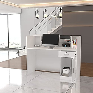 AIEGLE Reception Counter Desk with Adjustable Shelf & Lockable Drawersfor Salon Reception Room Checkout Office, White (55.1" L x 23.6" W x 43.3" H)