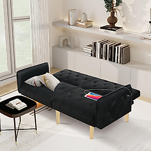 TYBOATLE 65“ Sofa Bed w/ 2 USB,Convertible Futon Tufted Small Adjustable Folding Couch Loveseat, Modern Mid Century Faux Leather Sleeper Sofa for Living Room,Bedroom,Apartment,Office (Black) (Black)