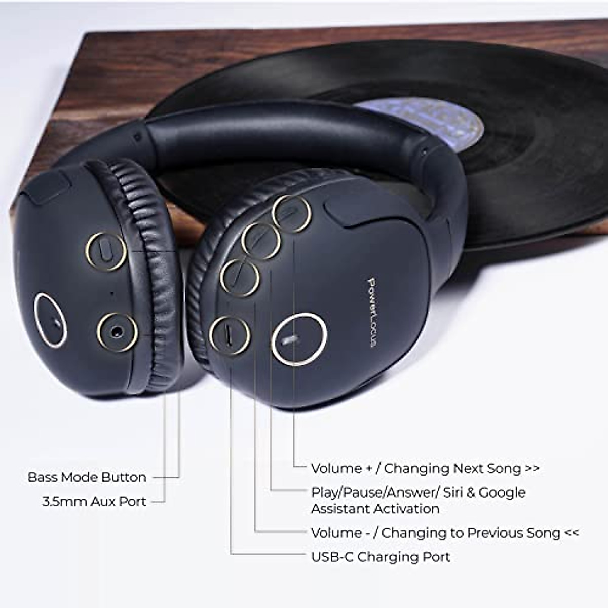 PowerLocus Bluetooth Headphones Over Ear, [Bass-Mode Button] Wireless Headphones, Foldable Hi-Fi Stereo, Soft Memory Foam Earmuffs, Metal Extendable Sides, Headset with Microphone for Phone/PC/TV
