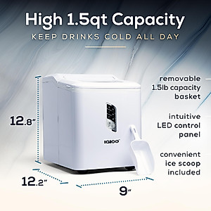 Igloo Automatic Ice Maker, Self- Cleaning, Countertop Size, 26 Pounds in 24 Hours, 9 Large or Small Ice Cubes in 7 Minutes, LED Control Panel, Scoop Included, Perfect for Water Bottles, Mixed Drinks