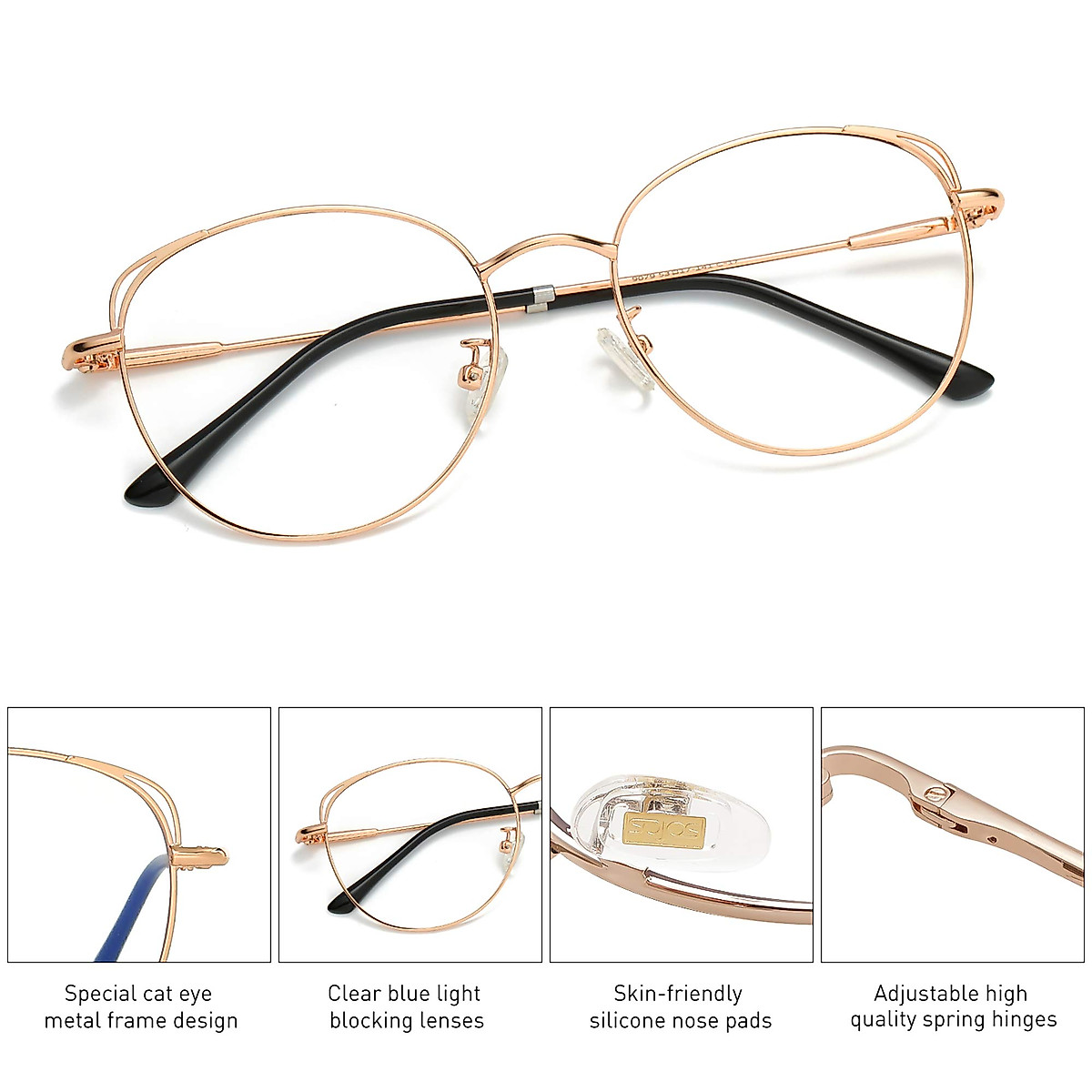 SOJOS Cat Eye Blue Light Blocking Glasses Hipster Metal Frame Women Eyeglasses She Young with Rose Gold Frame/Anti-Blue Light Lens