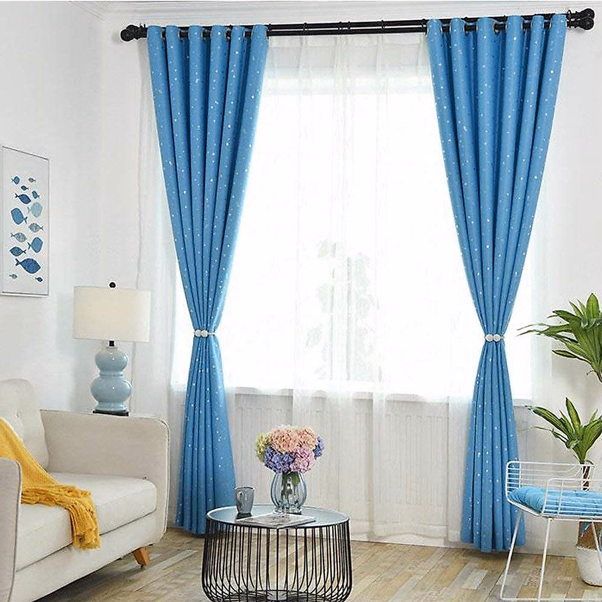 Fullgaden 2 Pcs Magnetic Curtain Tiebacks Convenient Drape Tie Backs Pearl Decorative Rope Holdback Holder for Small, Thin or Sheer Window Drapries, Light Blue