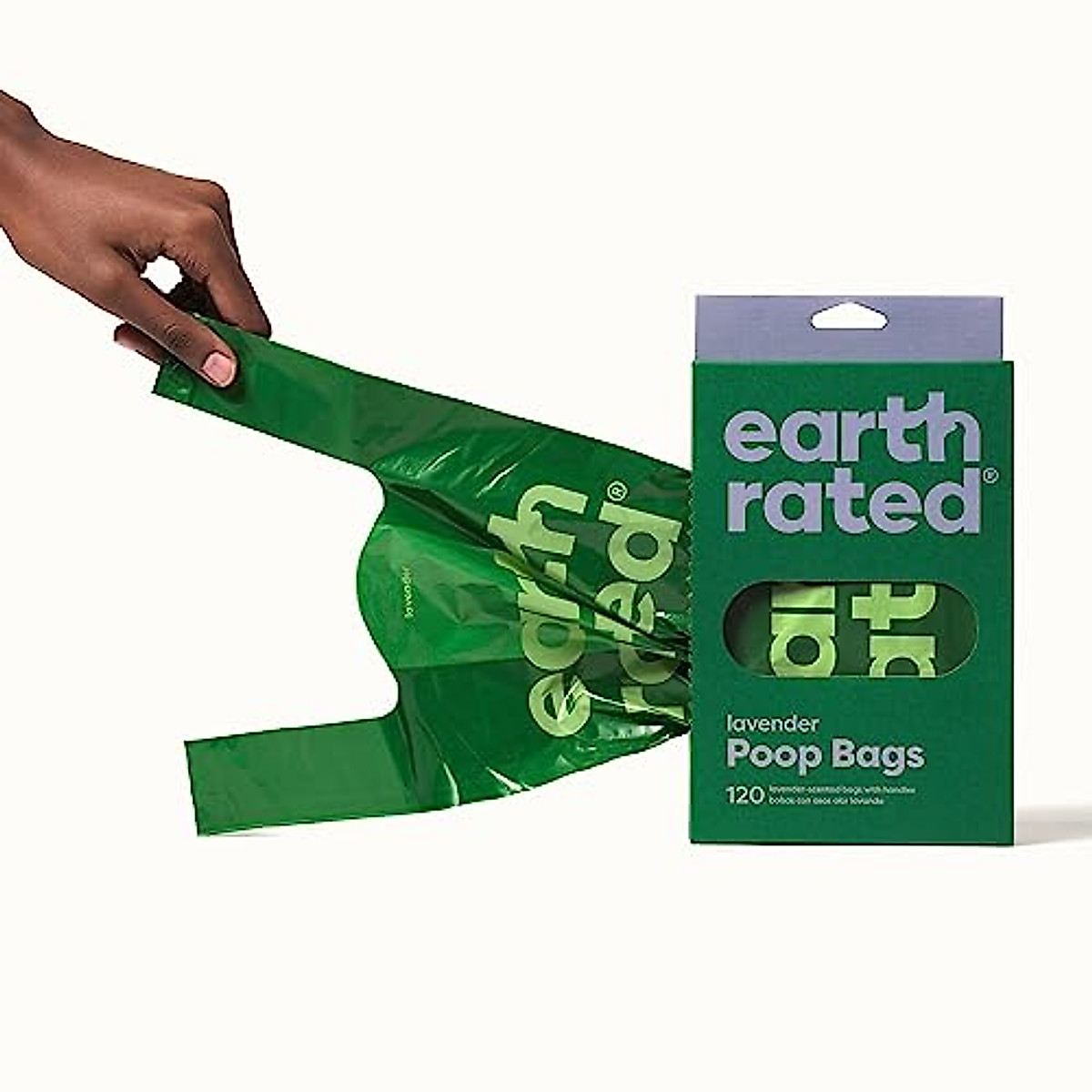 Earth Rated Dog Poop Bags with Handles, New Look, Easy Tie and Guaranteed Leakproof, Lavender Scented, 120 Handle Bags
