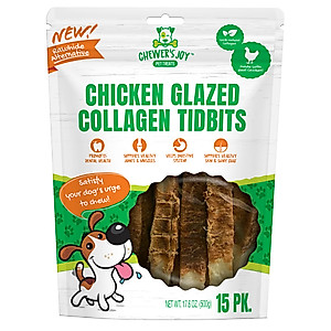 Chewer's Joy Chicken Glazed Collagen Tidbits 15pk 6" for Dogs, Premium Quality. High Protein, Promotes Joint, Skin, Gut Health & Shiny Coat. Bully Stick & Rawhide Alternative. Long Lasting chew.