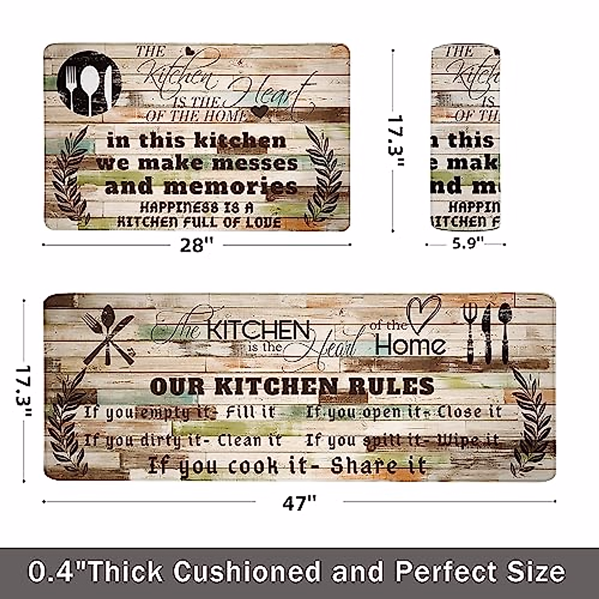 weesire Kitchen Mats for Floor Anti Fatigue Mats for Kitchen Floor Kitchen Rugs Farmhouse Style Memory Foam Kitchen Mat Cushioned PVC Leather Kitchen Rug Set, 17.3x28+17.3x47 inchs