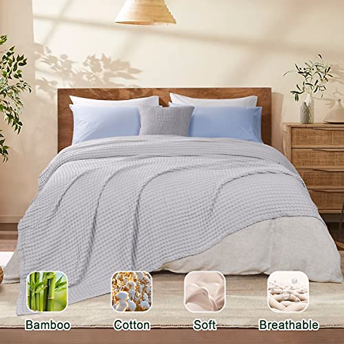 PHF Cooling Waffle Blanket, Queen Size, Lightweight 60% Rayon Derived from Bamboo & 40% Cotton, Breathable for Hot Sleepers, Ultra Soft and Luxury, 90"x90", Grey