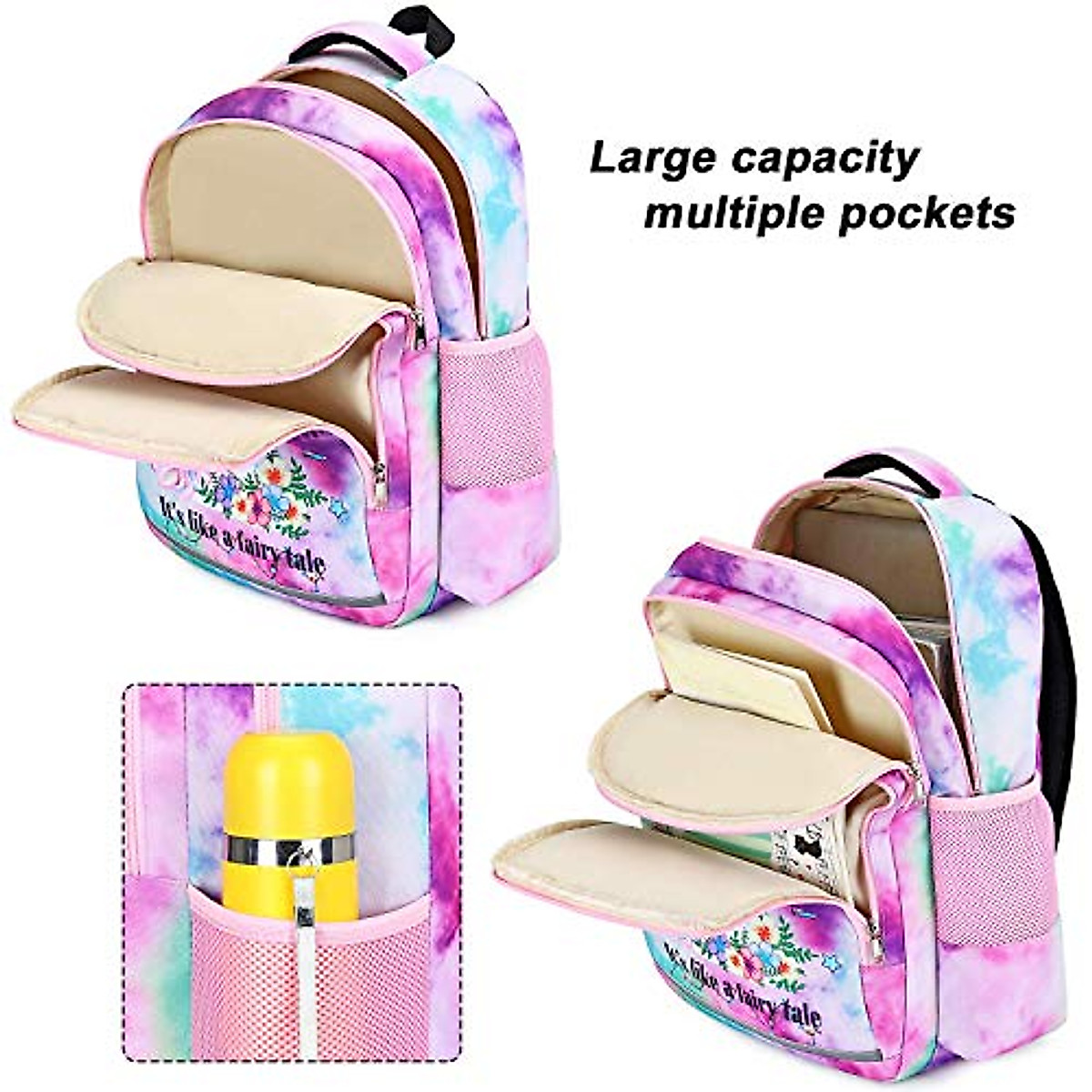 BTOOP Girls Backpack Kids Elementary Bookbag Girly School Bag with Insulated Lunch Tote and Pencil Pouch (Tie dye green purple pink)
