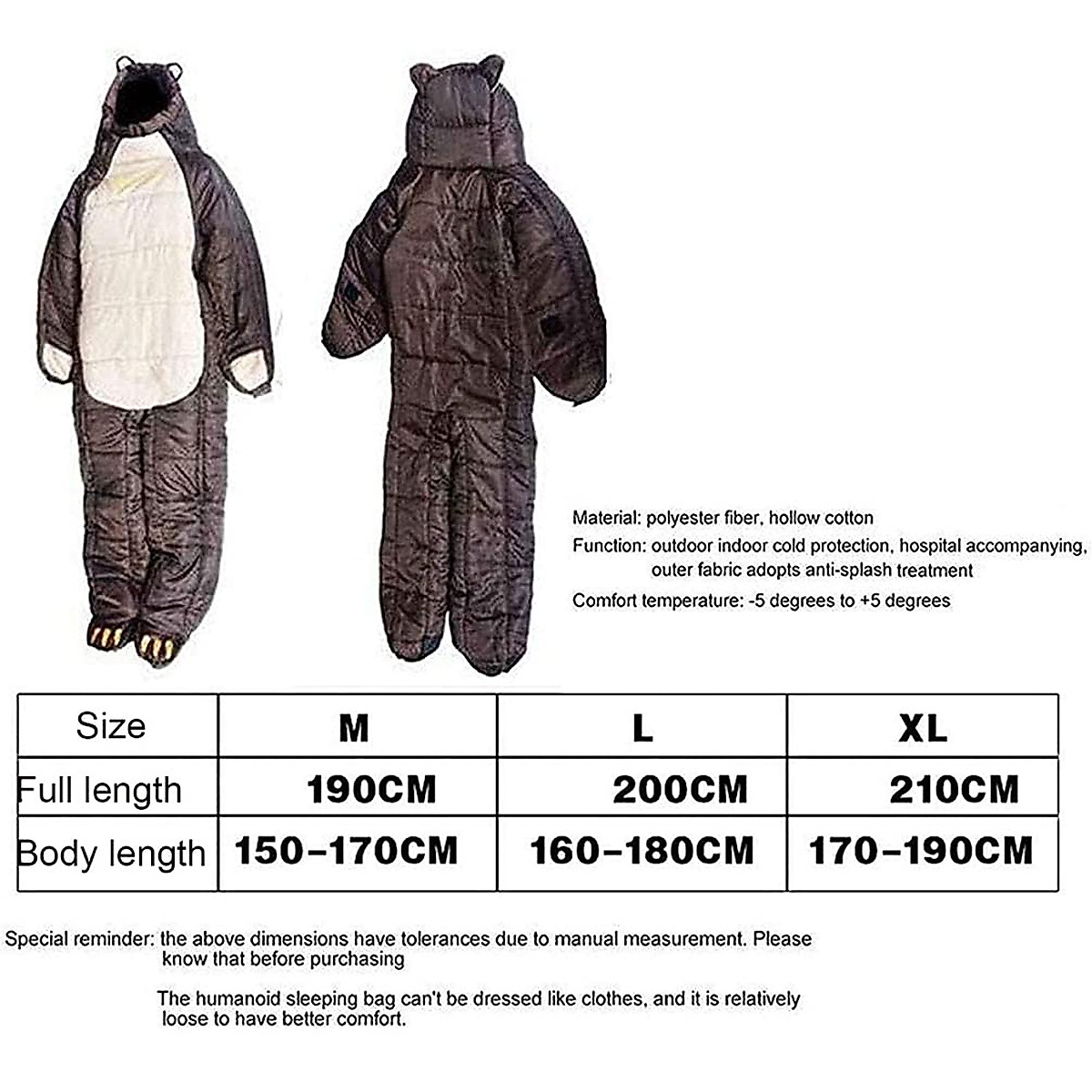 JOTOUCH Wearable Sleeping Bag 3 Season Bear-Shaped Sleeping Bag Camping Adults Full Body Sleep Pouch for Camping,Traveling, Hammocks, Hiking, Backpacking, Lounging(XL)