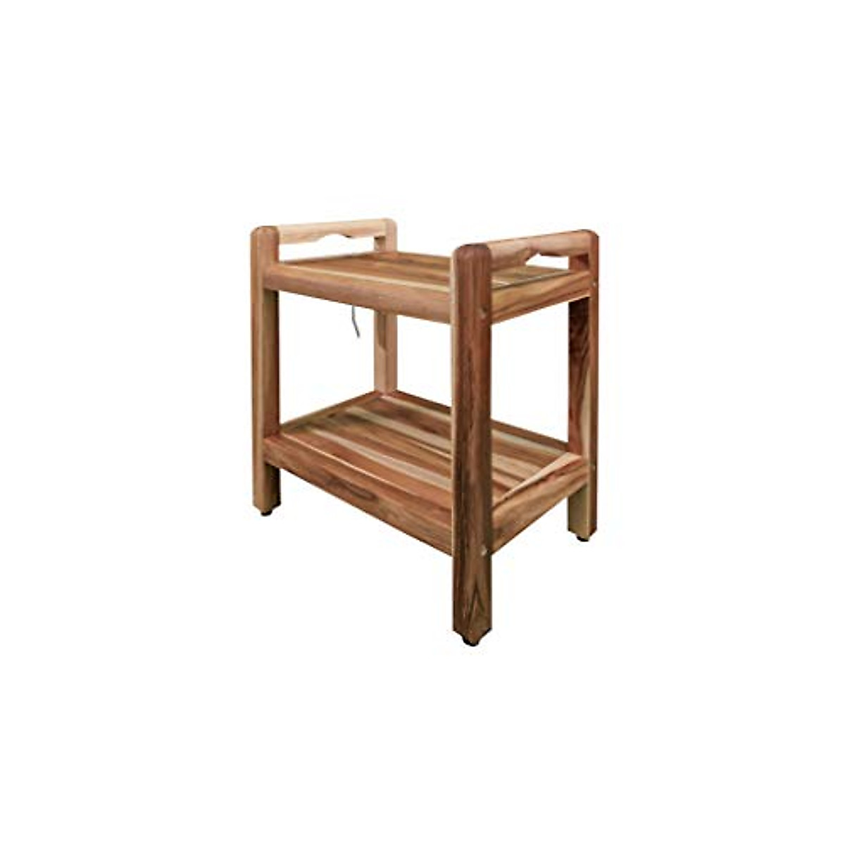 DecoTeak Earthy Teak Shower Stool Eleganto Natural Wood Seat Shower Bench with Storage Shelf and LiftAide Arms for Indoors and Outdoors - 14 inches Wide
