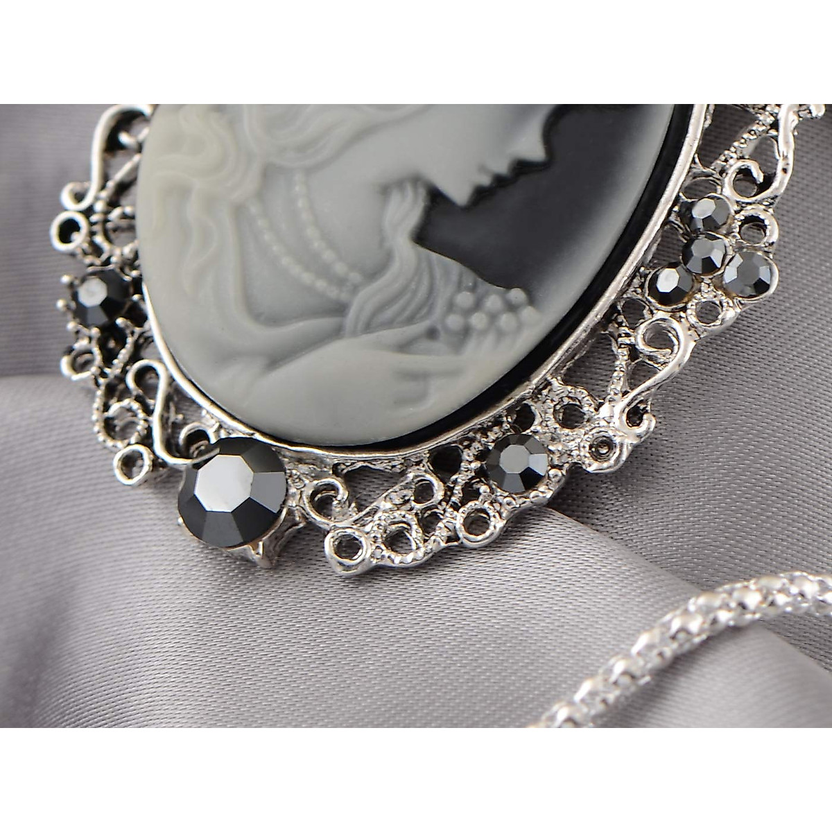 Alilang Gunmetal Tone Grey Crystal Rhinestones Cameo Lady Victorian Maiden Pendant Necklace