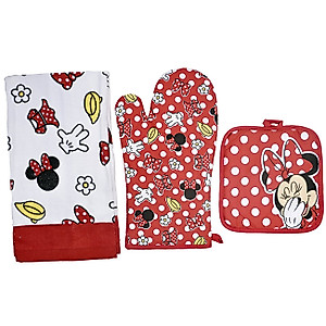 Disney Oven Mitt Pot Holder & Dish Towel 3 pc Kitchen Set (Minnie Mouse Red)