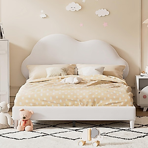 Full Size Bed Frame, Full Size Upholstered Cloud-Shape Bed, Modern Velvet Platform Bed with Headboard for Kids Teens Girls Boys, Easy Assembly, No Box Spring Needed (Beige)