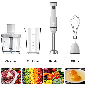 Cordless Hand Blender, UTALENT Variable Speed Immersion Blender Rechargeable, with 500ml Chopper, 600ml container, Egg Whisk, for Smoothies, Baby Food and Soups – White
