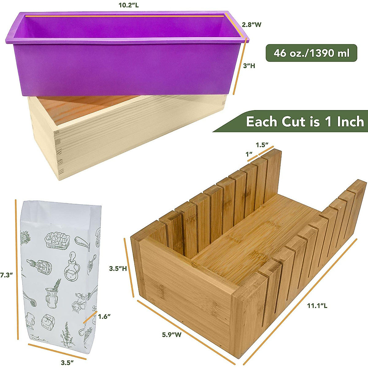 Soap Mold Making Kit with Wooden Cutter Soap Molds Silicone 46oz Purple | Melt and Pour or Cold Process, 50pc Soap Packaging Paper Bags and Slicer | Gift for Wife Women Housewife Soaper