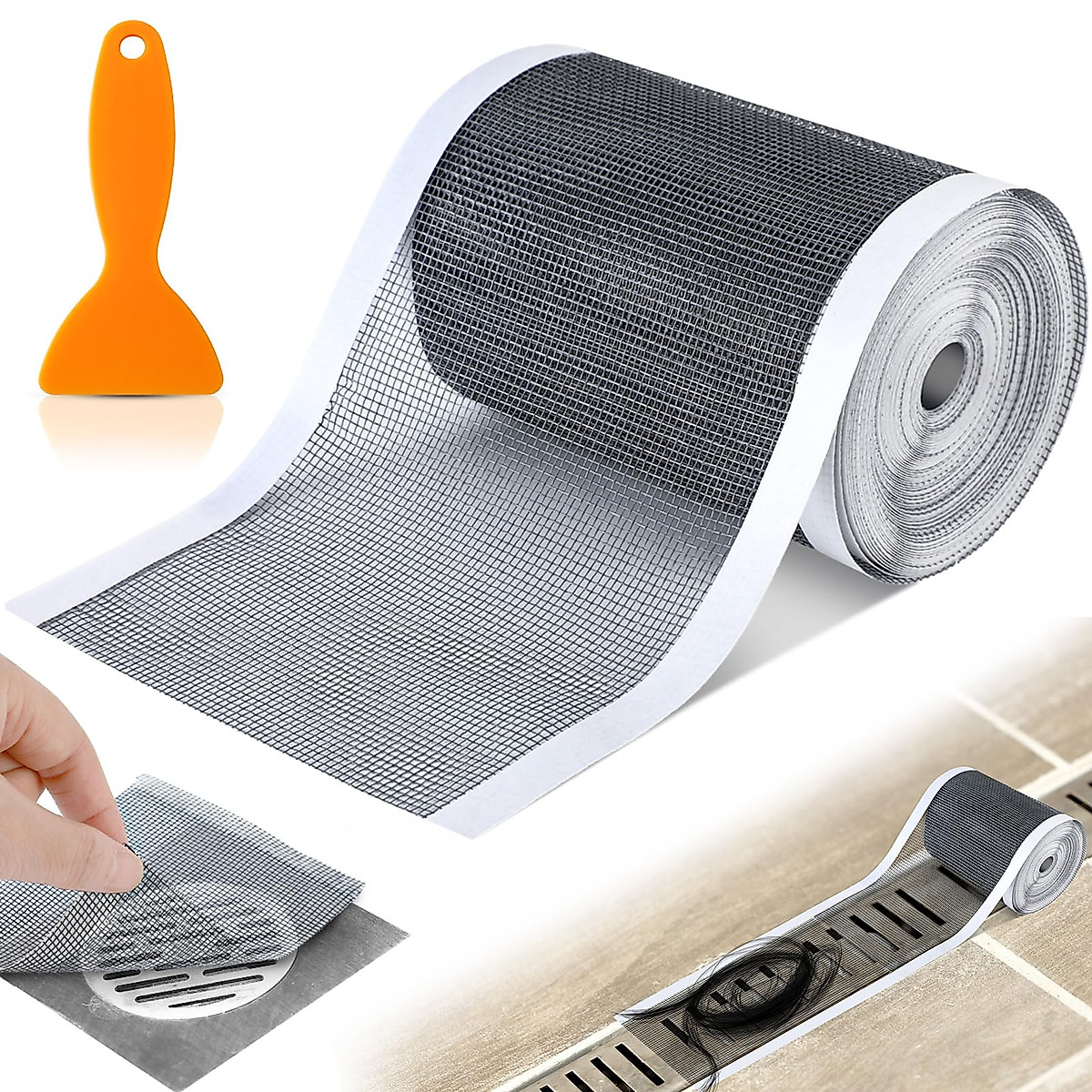 Leriton 4 Inch x 33 ft Disposable Shower Drain Hair Catcher Cutable Mesh Shower Drain Cover Stickers for Linear DIY Floor Drain Shower Drain Screen with Removal Tool for Bathroom Kitchen(1 Pack)
