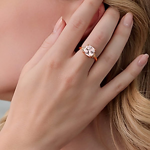 Gem Stone King 18K Rose Gold Plated Silver Peach Simulated Morganite Ring For Women (4.61 Cttw, Cushion Cut 10MM, Available In Size 5,6,7,8,9)