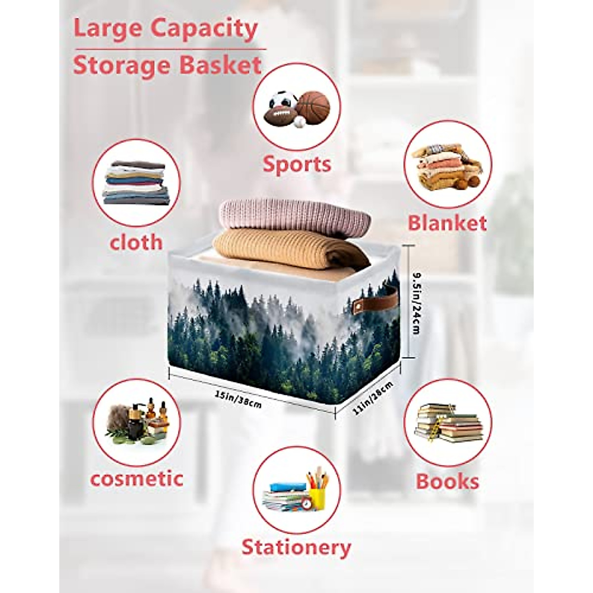 Green Forest Storage Basket for Shelves, Spring Summer Botanical Natural Scenery Storage Cube Fabric Storage Bins, Closet Organizers with Handles for Book, Toys, Cloth, 15"x11"x9.5", 1 Pack