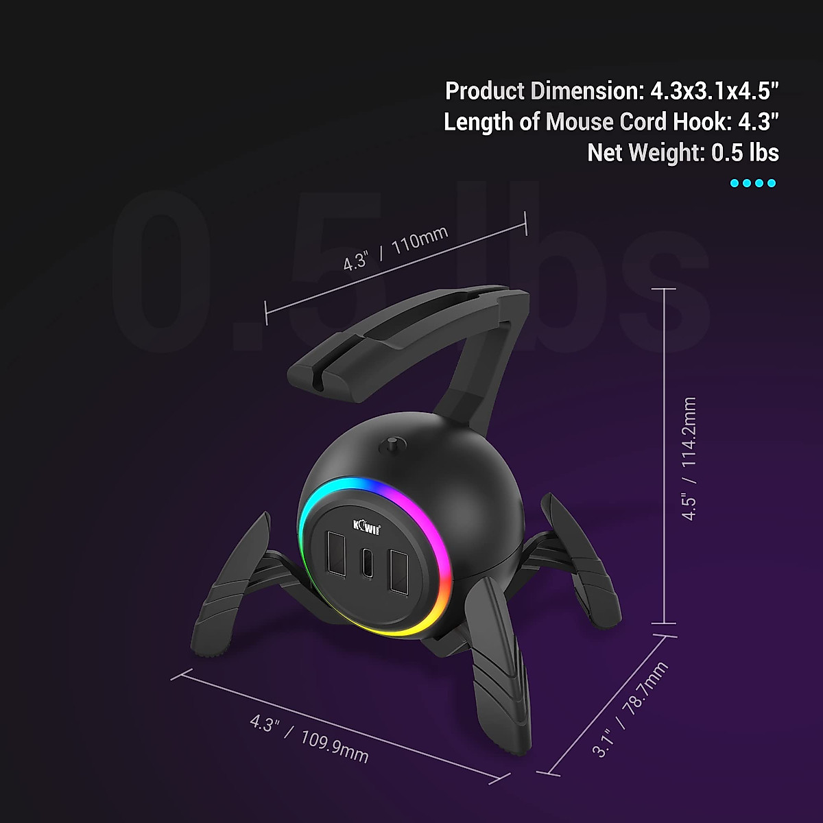 KIWIFOTOS Mouse Bungee RGB Gaming Mouse Cord Holder Controller, Upgraded Flexible Cable Management Smart RGB LED Lights 2 Port USB Hub & 1 Type-C, Spider Mouse Wire Holder