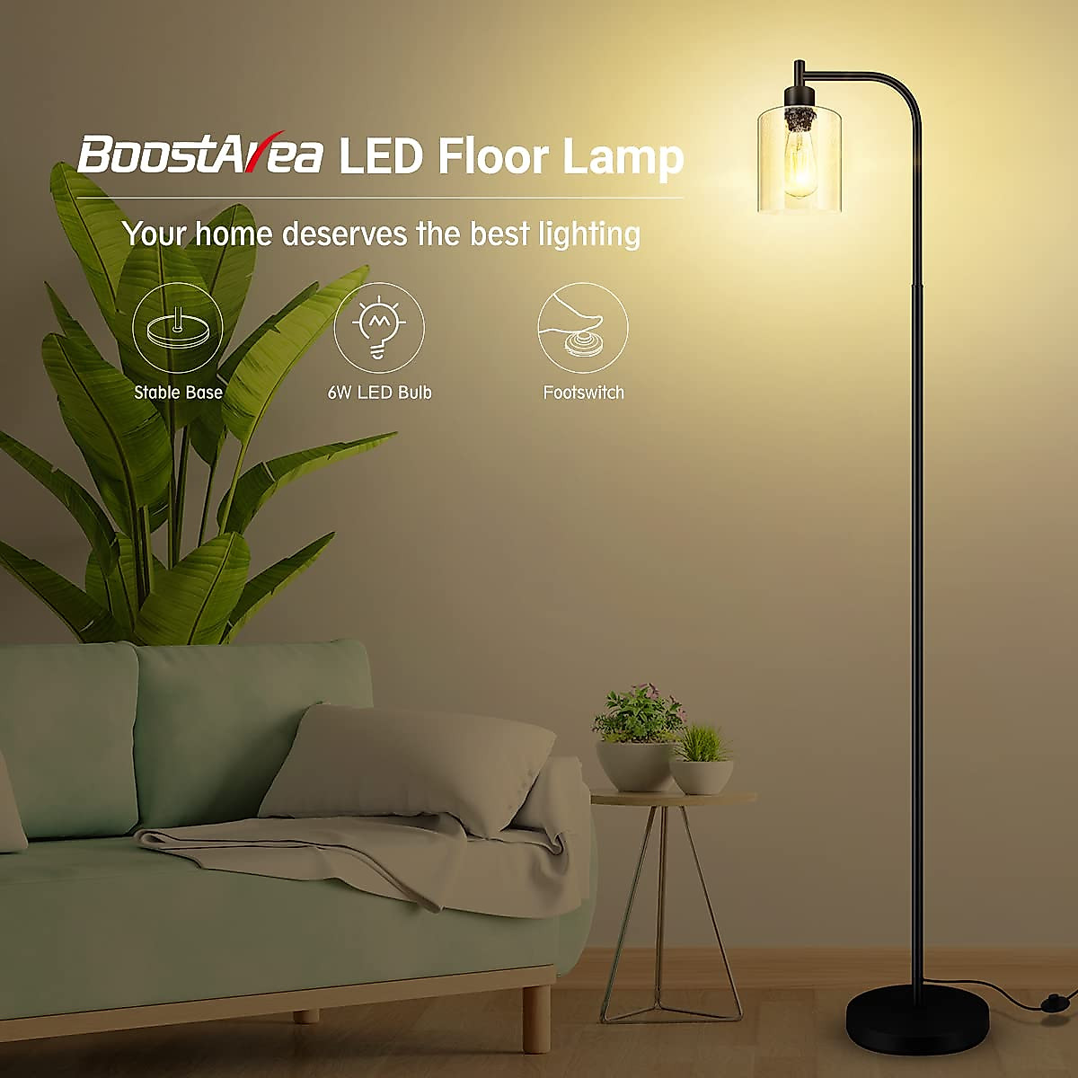 BoostArea Modern Floor Lamp with Seeded Glass Shade, 65 Inches Tall, Energy Efficient, LED Bulb Included, Easy Assembly and Use