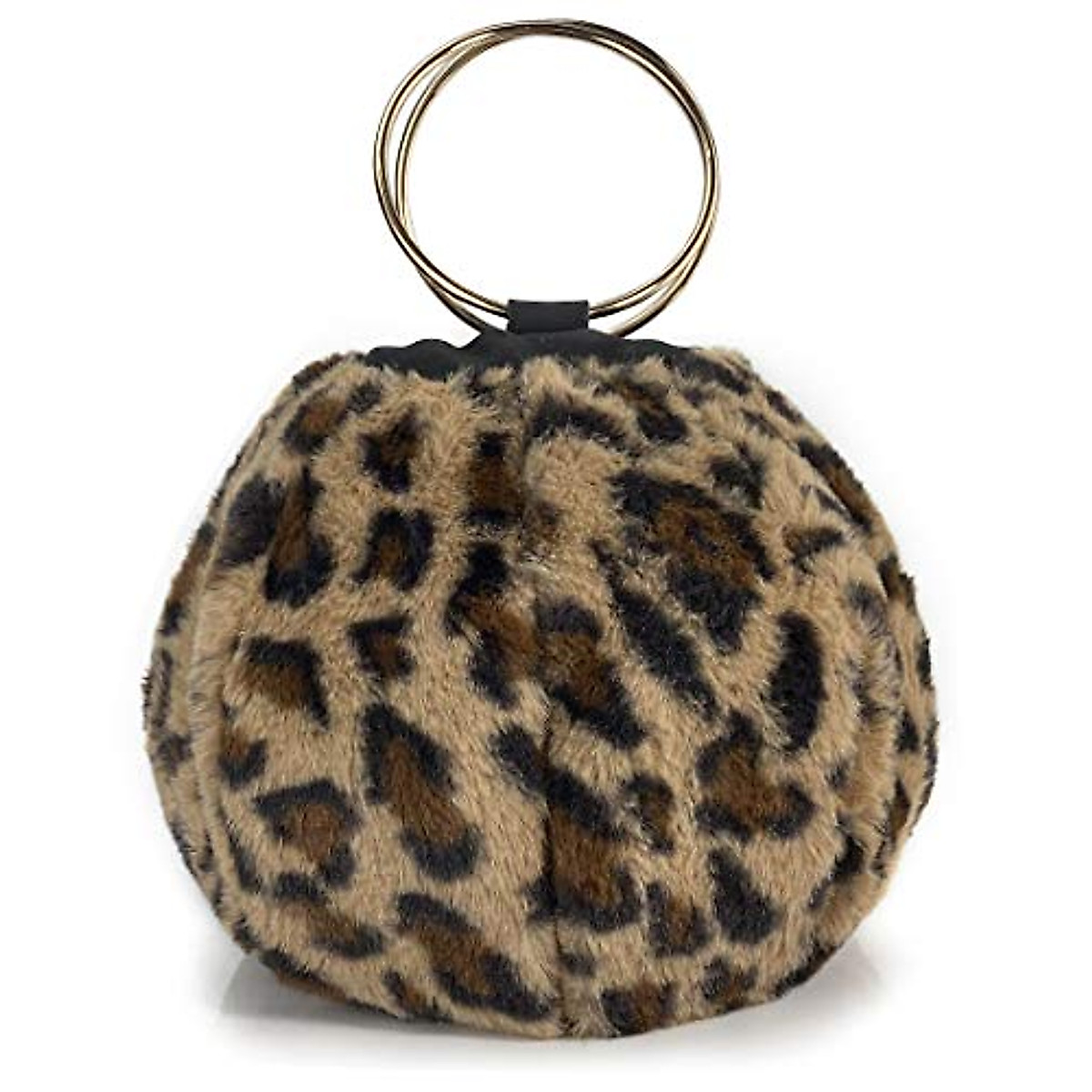 Fur Round Top Handle Bag Women Purse Ring Handle Clutch Chain Shoulder Handbag (Leopard Print)