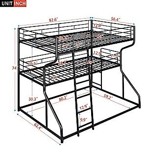 POCIYIHOME Full Over Twin Over Queen Size Triple Bunk Bed with 2 Ladders, Metal Low Bed Frame with Full-Length Guardrail for Kids Teens Girls Boys Bedroom, Space-Saving, No Box Spring Needed, Black