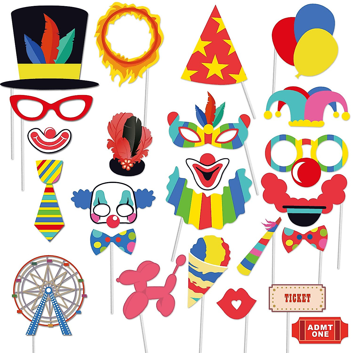 Circus Carnival Birthday Photo Booth Props Kit(24Pcs) Circus Carnival Party Favors for Birthday Bachelorette Baby Shower Party Dress-up Acessories with Wood Sticks