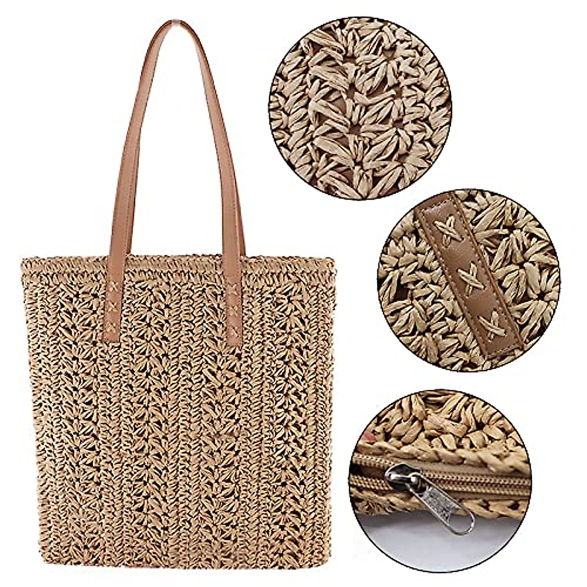 Meyaus Women Large Straw Woven Shoulder Bag Bohemian Beach Travel Top-handle Bag Tote