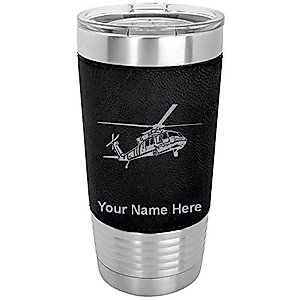 LaserGram 20oz Vacuum Insulated Tumbler Mug, Military Helicopter 1, Personalized Engraving Included (Faux Leather, Black)