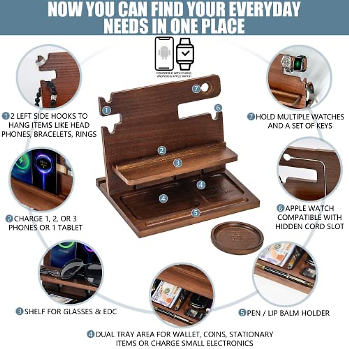 Solid Wood Phone Docking Station for up to 3 Phones - Nightstand Organizer for Men & Women Holds Multiple Phones, Tablets, Apple Watch & More - Neatly Stores Keys, Rings, Glasses & EDC, Brown