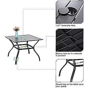 MFSTUDIO 5 PCS Metal Outdoor Patio Furniture Dining Set with 4 Metal Swivel Chairs and Square Dining Table with Umbrella Hole, Black