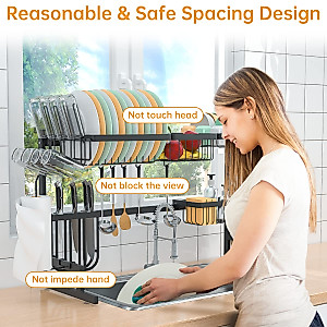 Beacron Over The Sink Dish Drying Rack, Width Adjustable(33.46''-41.33'') 2 Tier Stainless Steel Dish Drying Rack, Large Capacity Dish Rack for Counter Kitchen Storage Organizer and Space Saver