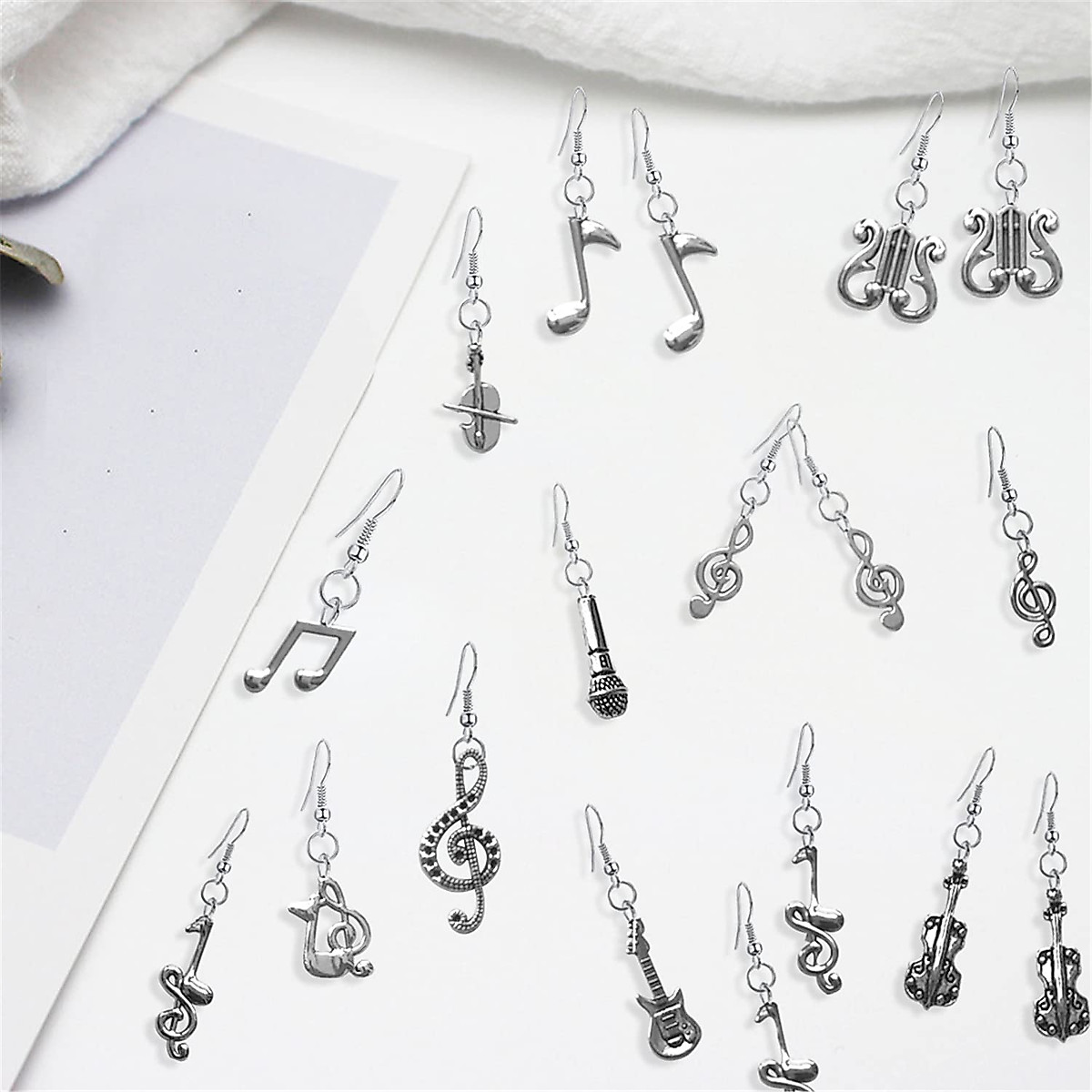 WUWEIJIAJIA 12 Pairs Lightweight Handmade Vintage Silver Music Note Dangle Drop Earrings Sets Musical Instrument Guitar Violin Earrings for Women Music Lover (Silver)