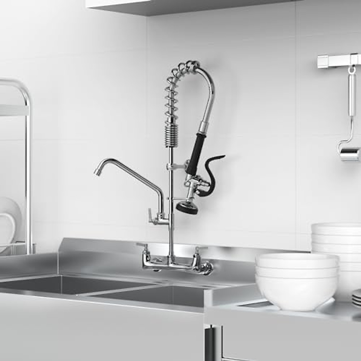 MSTJRY Commercial Faucet with Sprayer Commercial Wall Mount Faucet Commercial Sink Faucet Restaurant Faucet Pre Rinse Faucet with 25 Inch Height, 12 Inch Spout, US Standard