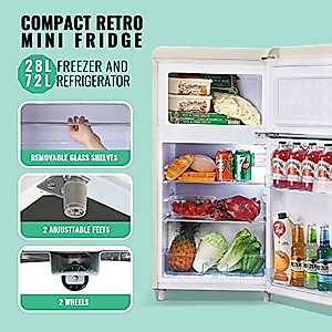 DEMULLER Retro Mini Refrigerator 3.5 CU.FT Dual Door Fridge with Handle Removable Glass Shelves 7 temperature control levels for Dorm, Office, Bedroom