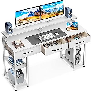 ODK Computer Desk with Drawers and Storage Shelves, 55 inch Home Office Desk with Monitor Stand, Modern Work Study Writing Table Desk for Small Spaces, White + White Leg