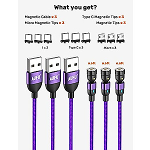 AUFU 540 Degree Magnetic Charging Cable (3Pack-6.6ft/6.6ft/6.6ft), Magnetic Phone Charger USB Magnetic Cable 3A Fast Charging Data Sync Nylon Braided USB Cord Cable for Micro USB Type C