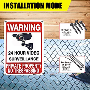24-Hour Video Surveillance Warning Sign Set of 4 - Aluminum, 10x7 Inches, UV Printed, Deterrent for Private Property Trespassing, No Trespassing Alert Plaque