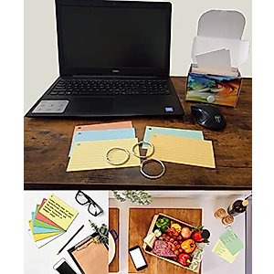 300 ruled index cards with rings (3" x 5") in 6 colors, with storage box. Ideal for students, teachers, note-taking, and language learning. Made in USA.