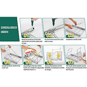 Pull Out Trash Can with Removable Metal Basket, Stainless Steel Kitchen Adjustable Trash Slide Out Shelf, Cabinet Trash Can Pull Out Kit, Fit 7-11 Gallon Garbage Can (Trash Can Not Included, Silver)