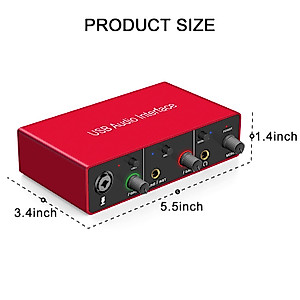 USB Audio Interface (Resolution 24Bit/DAC48 kHz/ADC96 kHz) 48V Phantom Power for Recording Podcasting and Streaming Compatible with MacOSX and Windows… (Red Audio Interface)
