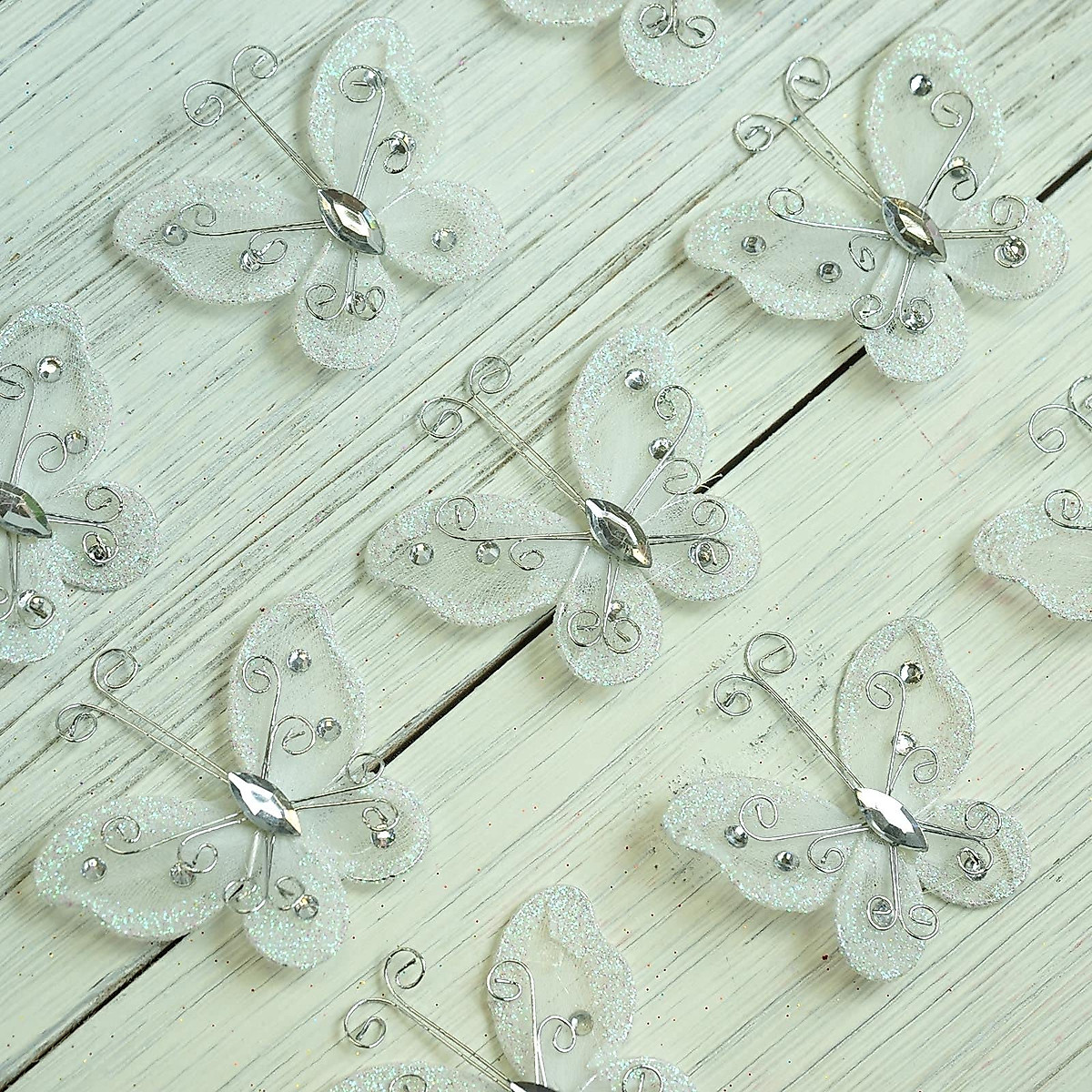 Tableclothsfactory 12 Pack White 2" Crystal Studded Organza Butterflies for Wedding Decorations