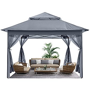 Gazebo, CBBPET 13'x 13' Pop Up Gazebo with Mosquito Netting, Outdoor Gazebo Canopy with Double Roof Tops and 169 Square Feet of Shade for Patio, Group Gatherings, Camping Shelter (Gray)