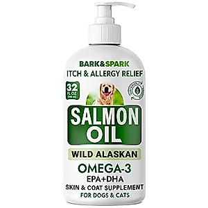 Bark&Spark Salmon Oil for Dogs & Cats - Natural Omega-3 Fish Oil for Dogs - Skin & Coat Support - Liquid Food Supplement for Pets - EPA+DHA Fatty Acids for Joint Function, Immune & Heart Health 32oz