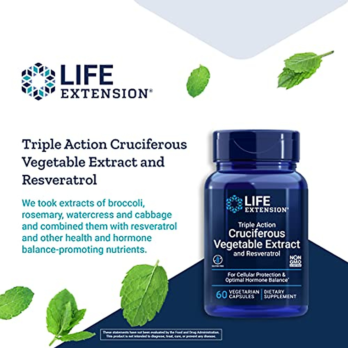 Life Extension Triple Action Cruciferous Vegetable Extract & Resveratrol – Veggie Food Based Formula Supplement for Cellular Protection Support & Hormone Balance – Gluten Free – 60 Capsules