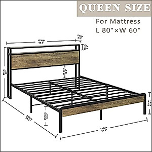 LIKIMIO Queen Bed Frame with Storage Headboard, Platform Bed Frame Queen Size with Strong Supports, More Sturdy, Noise-Free, No Box Spring Needed, Rustic Maple