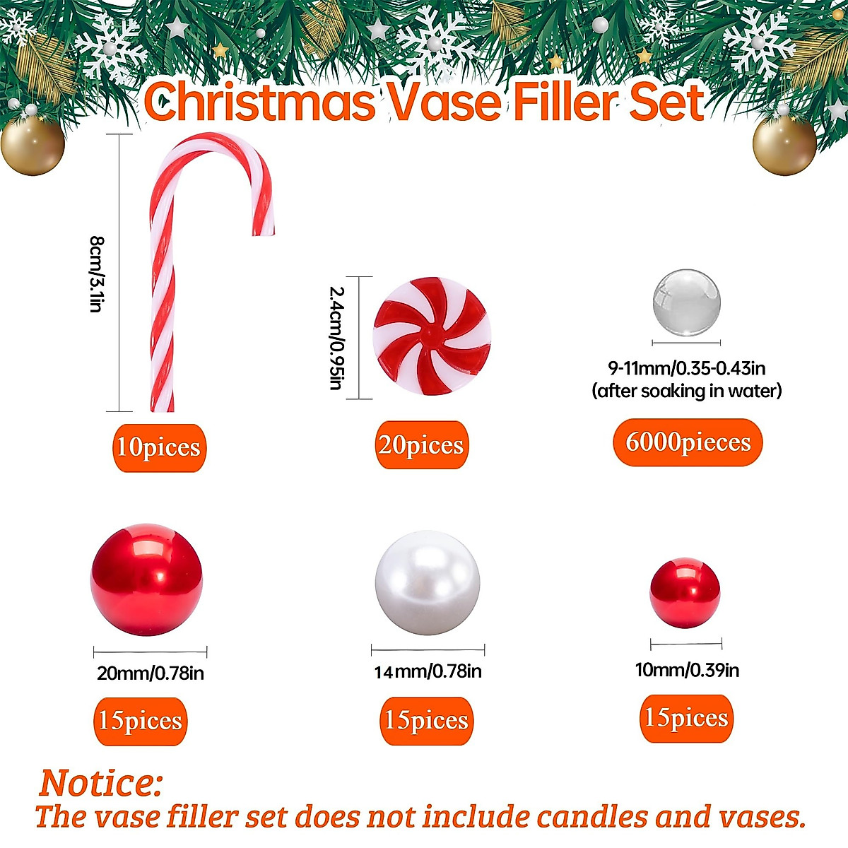 YTTYXGS 6075 Pieces Christmas Vase Filler Beads Floating Pearls and Candy Water Gel Beads for Vase Filler Table Centerpieces Christmas Party Decoration Suitable for 3 vases