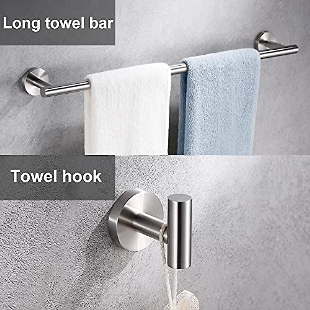 6 Pieces Brushed Nickel Bathroom Hardware Accessories Set Hand Towel Ring 18&23.6 inch Round Towel Bar Silver Toilet Paper Holder Towel Hooks 2 Pieces SUS 304 Stainless Steel,Heavy Duty,Wall Mounted